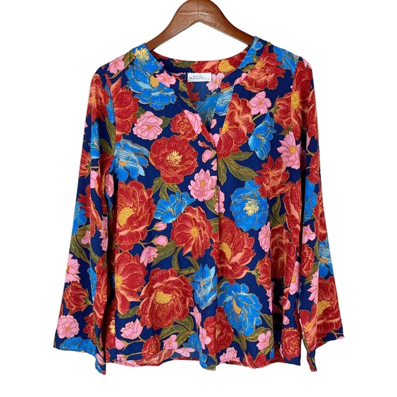 Emily Wonder | Tops | Emily Wonder Colorful Floral Blouse Top Roll Tab ...